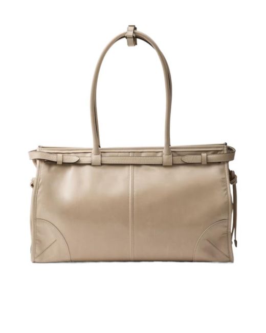 Prada Large Enamel Triangle Logo Belted Handbag in Natural | Lyst
