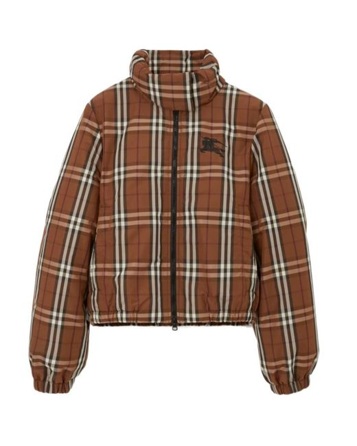 Burberry Checked Logo Embroidered Cropped Jacket in Brown | Lyst