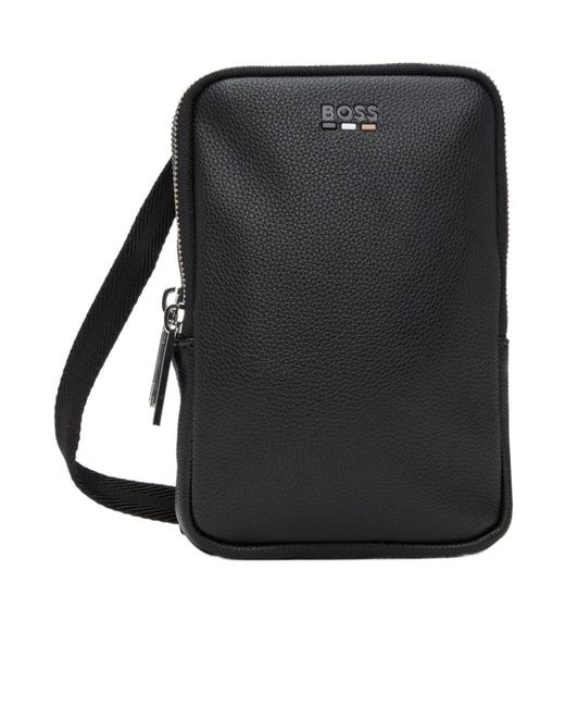 BOSS Debossed-Logo Leather Messenger Bag in Black for Men | Lyst