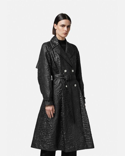 Versace Embossed-Crocodile Laminated Trench Coat in Black | Lyst