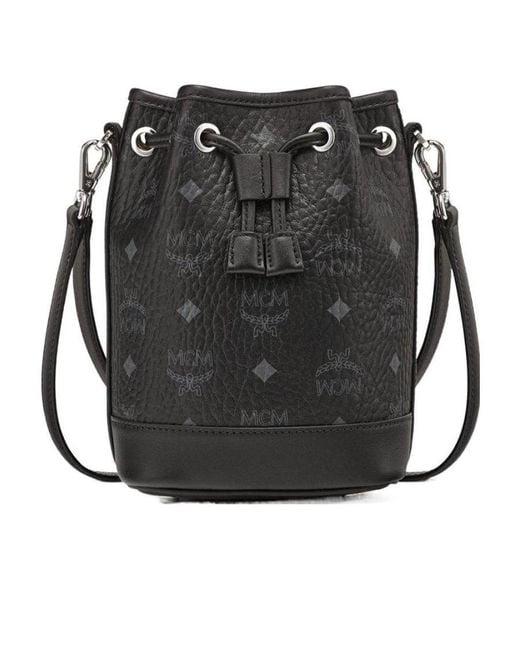 MCM Allover Dessau Monogram Print Drawstring Mini Bucket Bag in Black ...