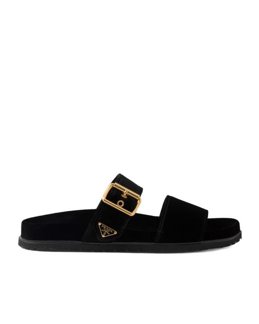 Prada Triangle-Logo Velvet Slides in Black | Lyst