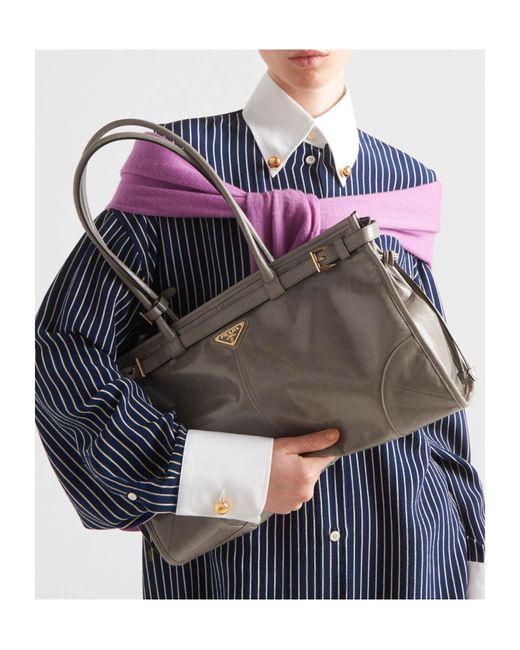 Prada Large Enamel Triangle Logo Belted Handbag in Gray | Lyst