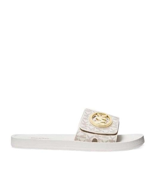 Michael Kors Logo-Plaque Canvas Slides in White | Lyst