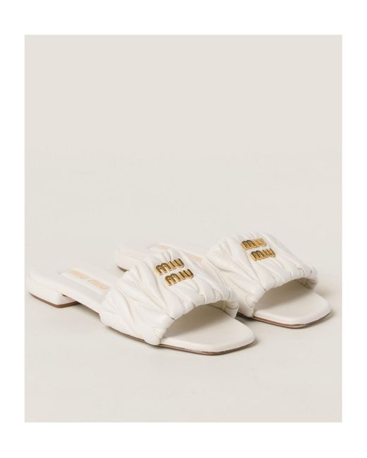 Miu Miu Matelassé Nappa Leather Slides in White | Lyst