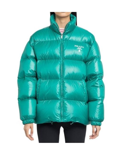 Prada Logo Printed Down Jacket With Standing Collar in Green | Lyst
