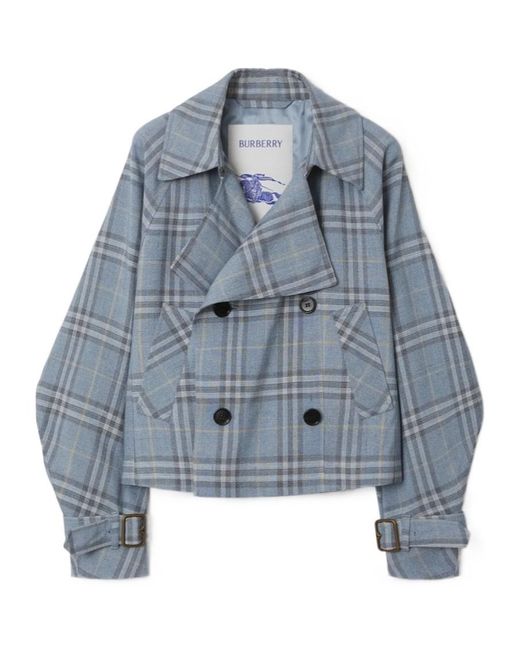 Burberry Check Silk Blend Trench Jacket in Blue | Lyst