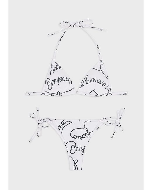 Emporio Armani Logo-Print Triangle Bikini Set in White | Lyst