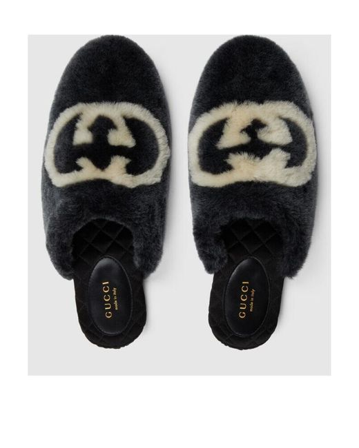 Gucci Interlocking G Faux-Fur Slippers in Black | Lyst