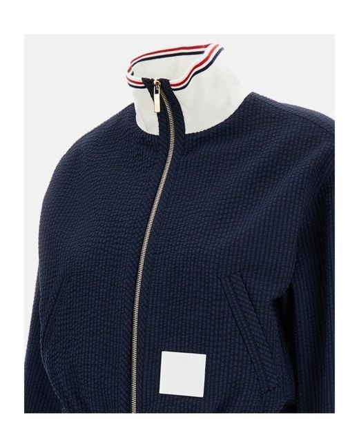 Thom Browne Seersucker Zip Up Track Jacket in Blue | Lyst