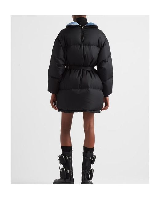 Prada Re-Nylon Belted Puffer Coat in Blue | Lyst