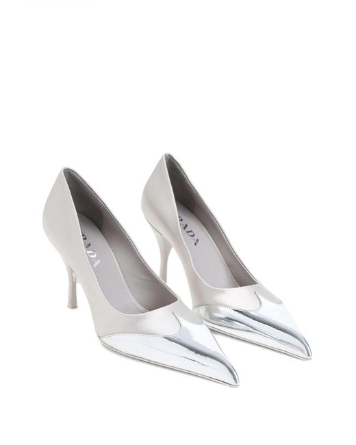 Prada Satin And Metallic Silver Leather Pumps in White | Lyst