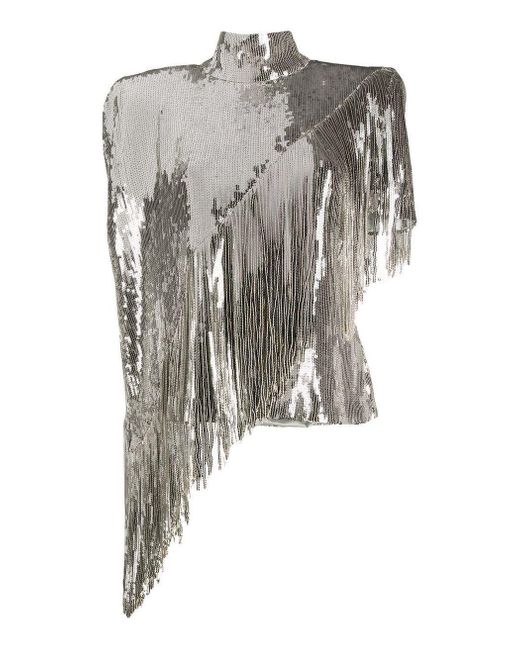 Balmain Leather Silver Sequin Fringe Top in Gray | Lyst