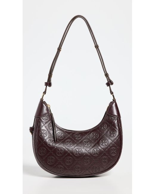 Tory Burch T Monogram Leather Crescent Bag in Brown | Lyst