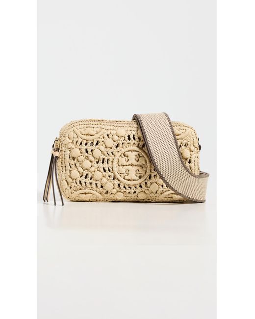 Tory Burch Miller T Monogram Raffia Mini Crossbody Bag in White | Lyst