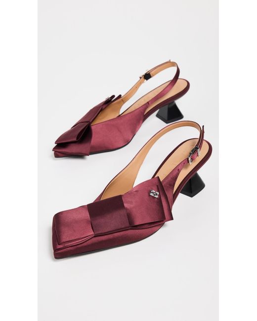 Ganni Big Bow Kitten Heel Satin Pumps in Red | Lyst
