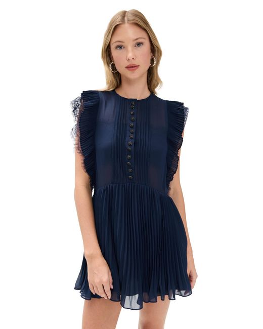 Self-Portrait Chiffon Ruffle Mini Dress in Blue | Lyst
