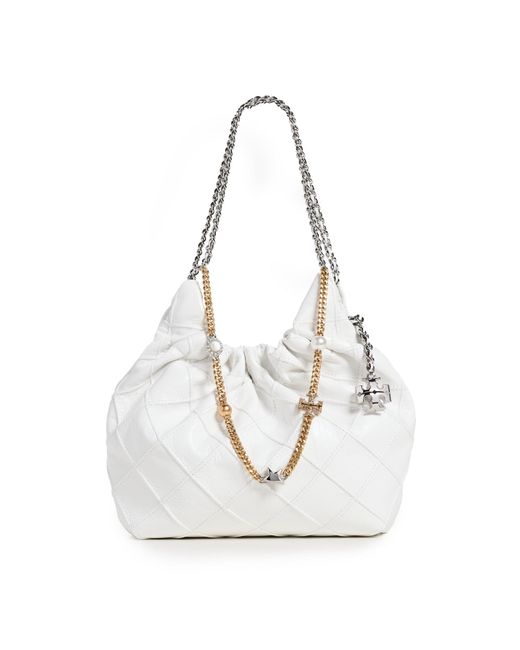 Tory Burch Fleming Distressed Mini Hobo Bag in White | Lyst