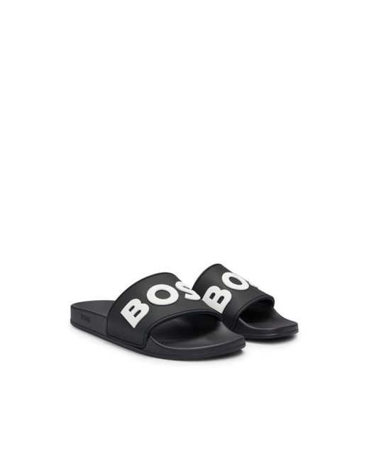 BOSS Italian-Made Slides With Raised Logo in Black for Men | Lyst