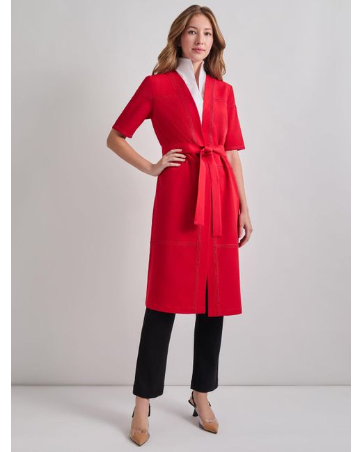 Misook Short Sleeve Belted Stretch Crepe Duster in Red | Lyst