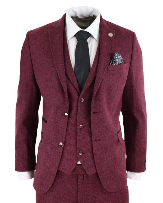 Oliver Tweed 3 Piece Wine Herringbone Wool Tweed Retro Suit in Red for ...