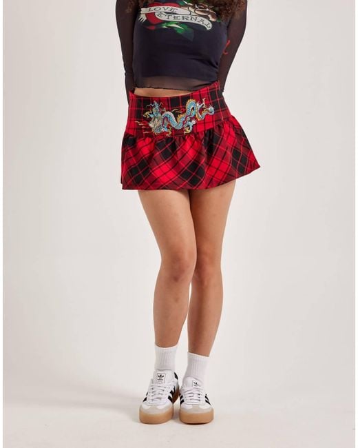 Ed Hardy Dragon Plaid Flare Miniskirt in Red | Lyst