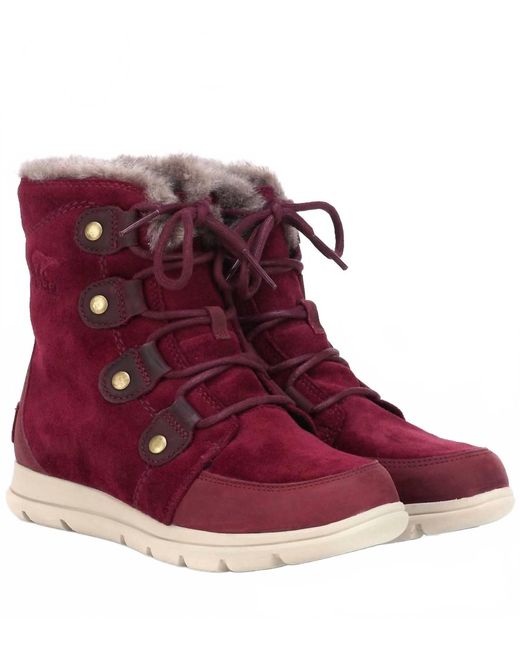 Sorel Explorer Joan Faux Fur Suede Leather Winter Boots in Red | Lyst