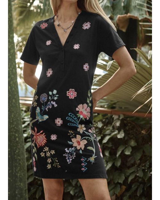 Johnny Was Button Neck Knit Dress in Black | Lyst