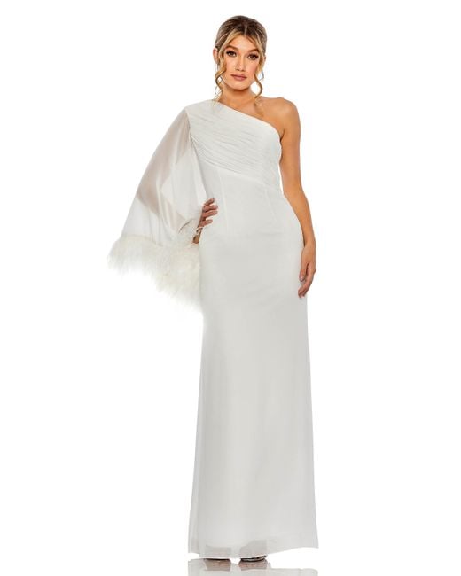 Mac Duggal Feather Cuff One Shoulder Ruched Gown in White | Lyst