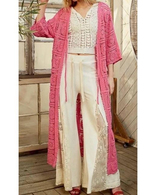 Pol Crochet Duster Cardigan in Pink | Lyst