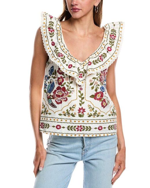 FARM Rio Ruffle Linen-Blend Top in White | Lyst