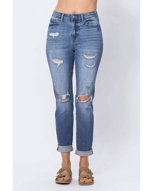 Judy Blue High Waist Cuffed Destroyed Boyfriend Jean in Blue | Lyst