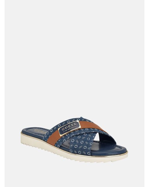 Guess Keyes Crisscross Logo Slides in Blue | Lyst
