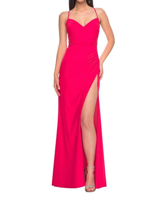 La Femme Lace Applique Sheer Side Panels Prom Dress in Pink | Lyst