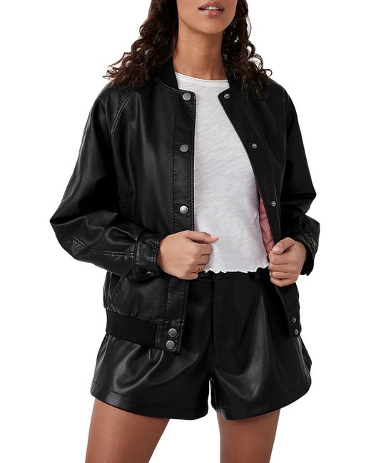 Free People Wild Rose Faux Leather Cold Weather Bomber Jacket in Black ...