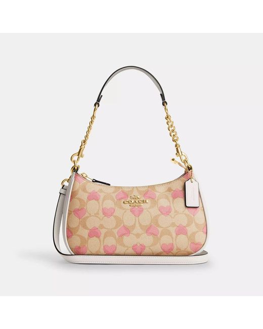 COACH Teri Shoulder Bag In Signature Canvas With Heart Print in Pink | Lyst