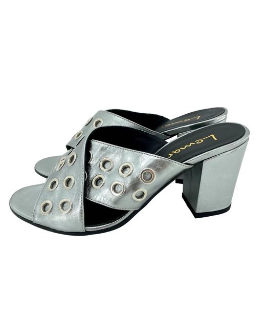 Lemarè Metallic Cross Grommet Block Heel Sandals in Gray | Lyst