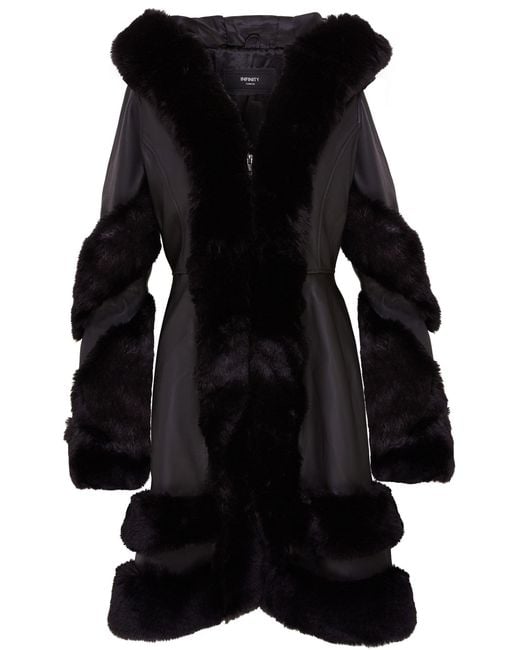 Infinity Leather Flared Leather Hooded Cape Coat With Fur in Black | Lyst