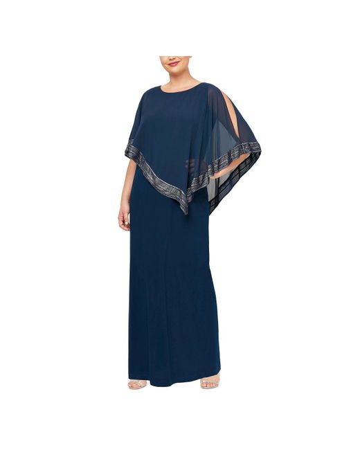 Slny Plus Asymmetric Overlay Metallic Evening Dress In Blue Lyst