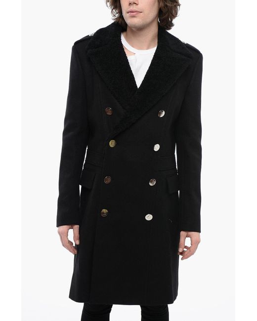 Balmain Double-Breasted Eco-Shearling Coat With Logoed Buttons in Black ...