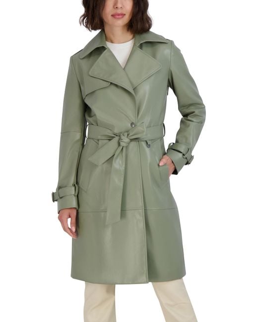 Tahari Faux Leather Cold Weather Trench Coat in Green | Lyst
