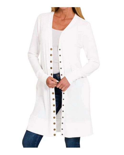 Zenana Full Sleeve Long Snap Cardigan in White | Lyst