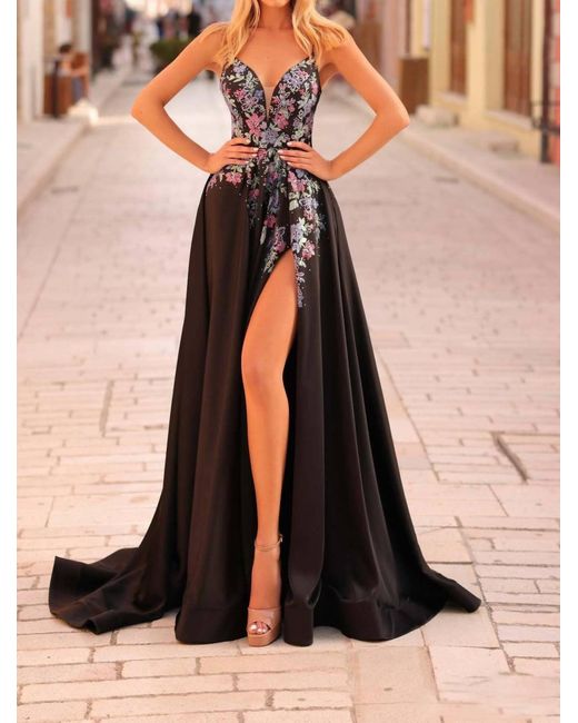 Amarra Tie-Back Satin Stone Pattern Slit Ball Gown in Black | Lyst