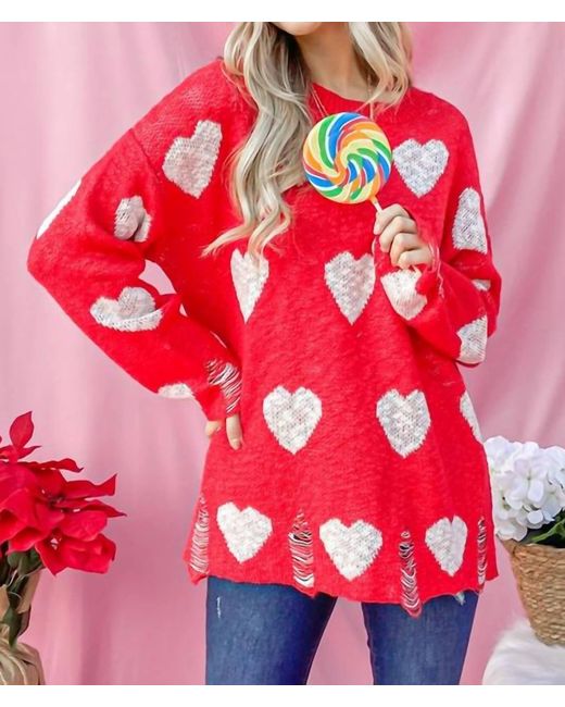 And The Why Distressed Sweater With Hearts in Red | Lyst