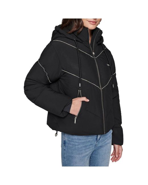 Karl Lagerfeld Embellished Quilted Puffer Jacket in Black | Lyst