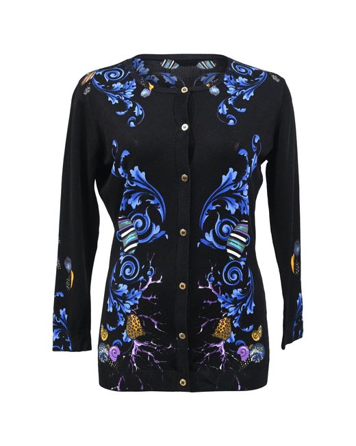 Versace Collection Floral Printed Knit Cardigan in Blue | Lyst