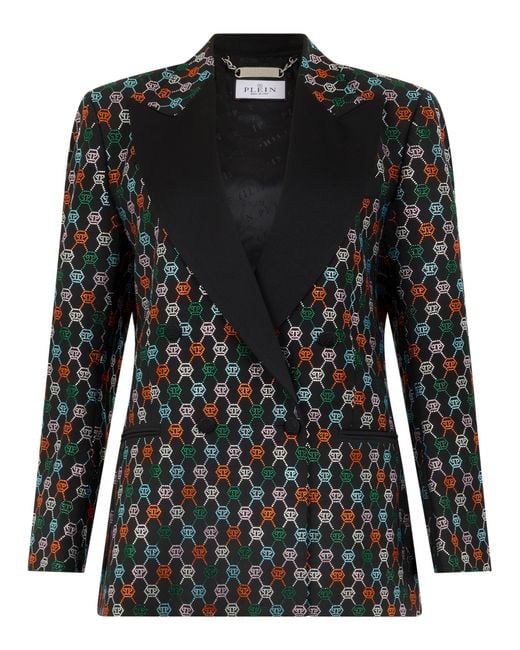 Philipp Plein Double Breasted Marine Fit Blazer Monogram Strass in ...