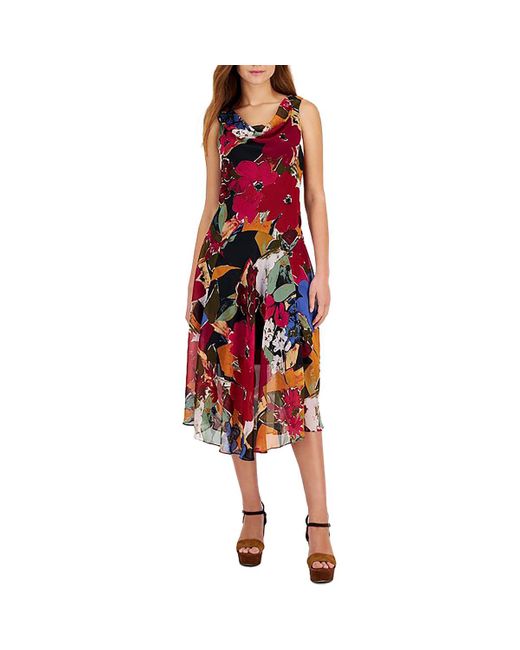 Signature By Robbie Bee Cowl Neck Floral Midi Dress in Red | Lyst