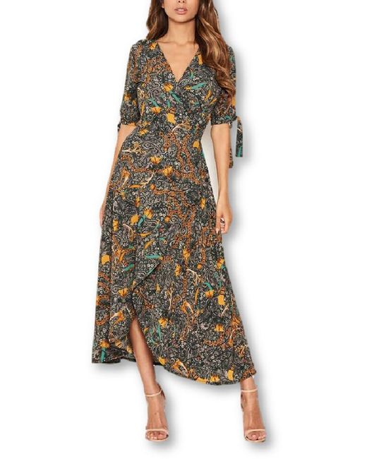 Ax Paris Midi Print Wrap Dress In Green Lyst