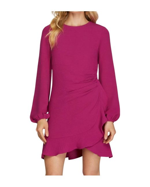 She + Sky Long Sleeve Asymmetrical Ruffled Hem Dress in Purple | Lyst